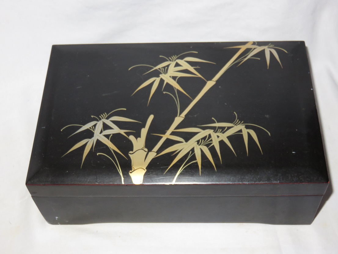 Black Lacquered Box with Gold Bamboo on Lid, Mirror Inside.
